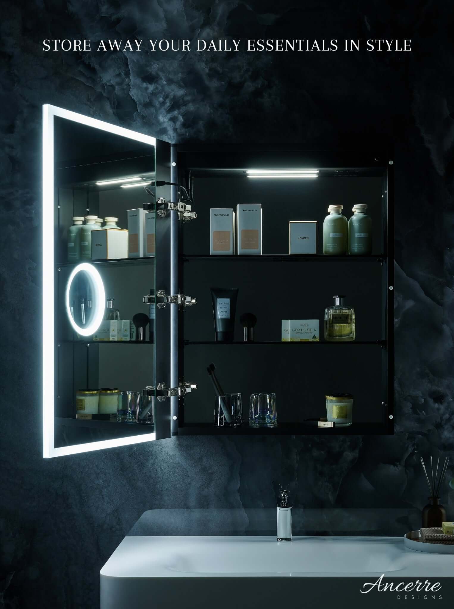 Ancerre Pagani LED Mirror Cabinet with Defogger & USB ports – Ancerre ...