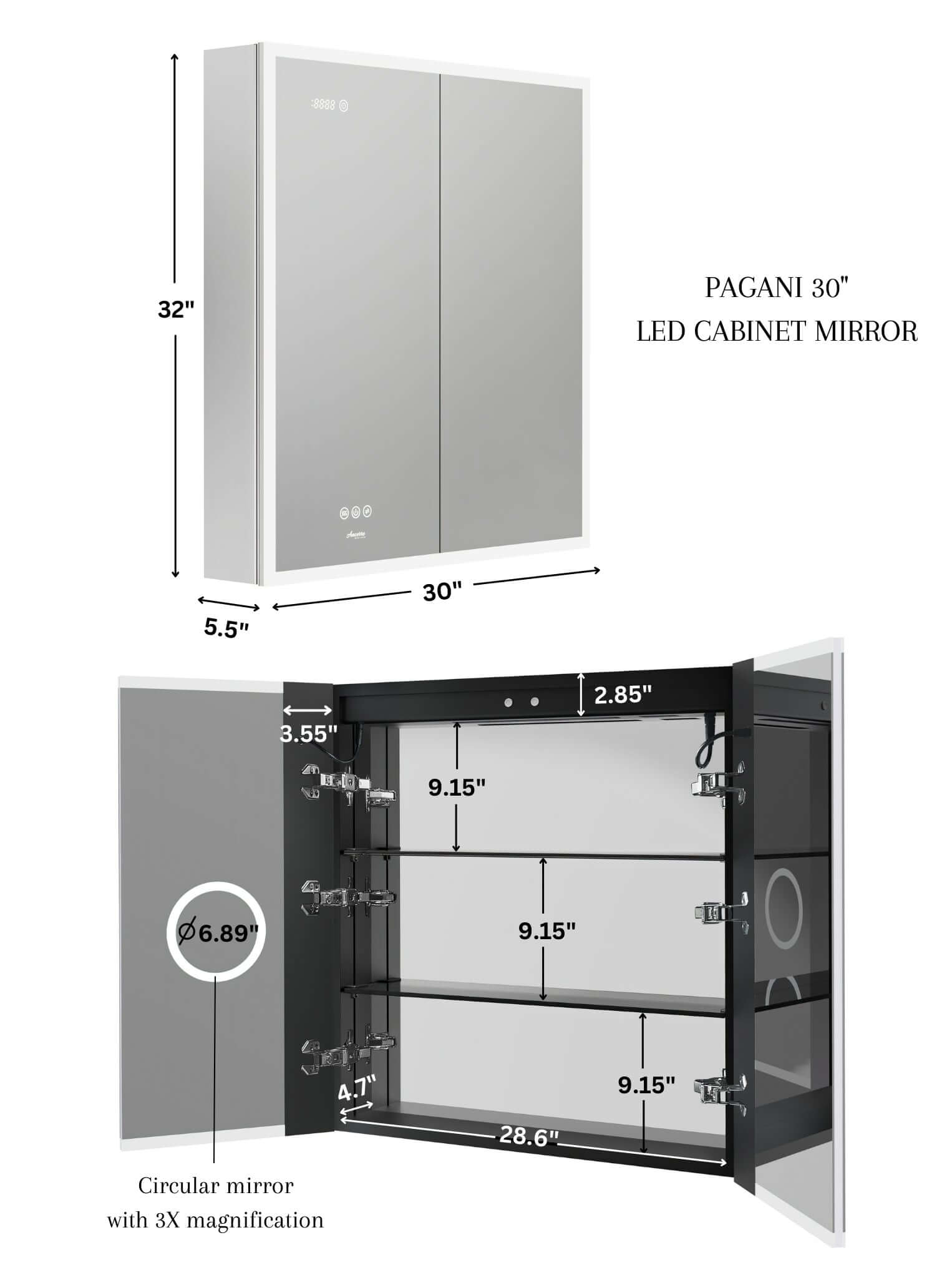 Pagani LED Mirror Cabinet with Defogger, Dimmer, Magnifier & USB outle ...