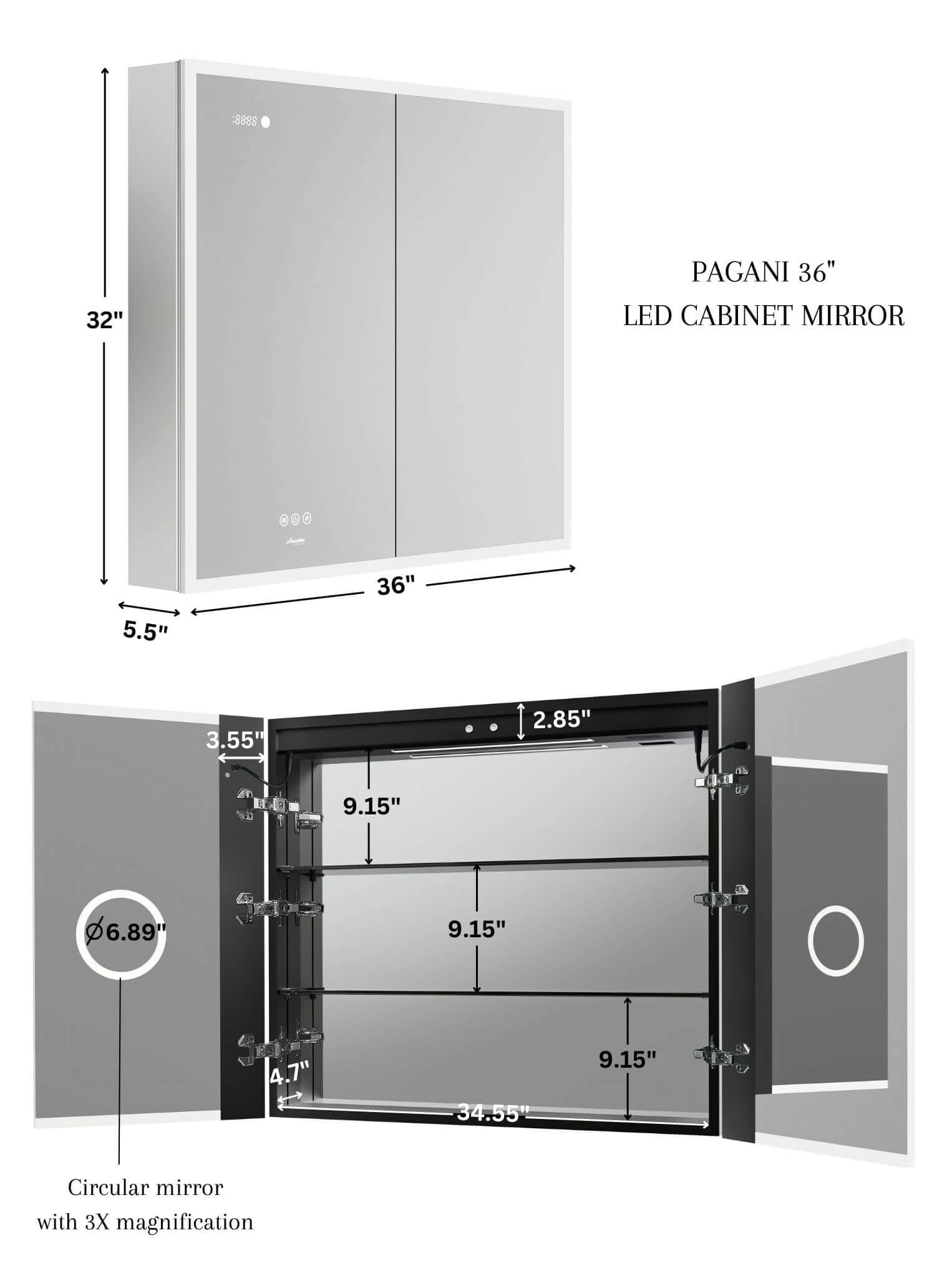 Pagani LED Mirror Cabinet with Defogger, Dimmer, Magnifier & USB outle ...