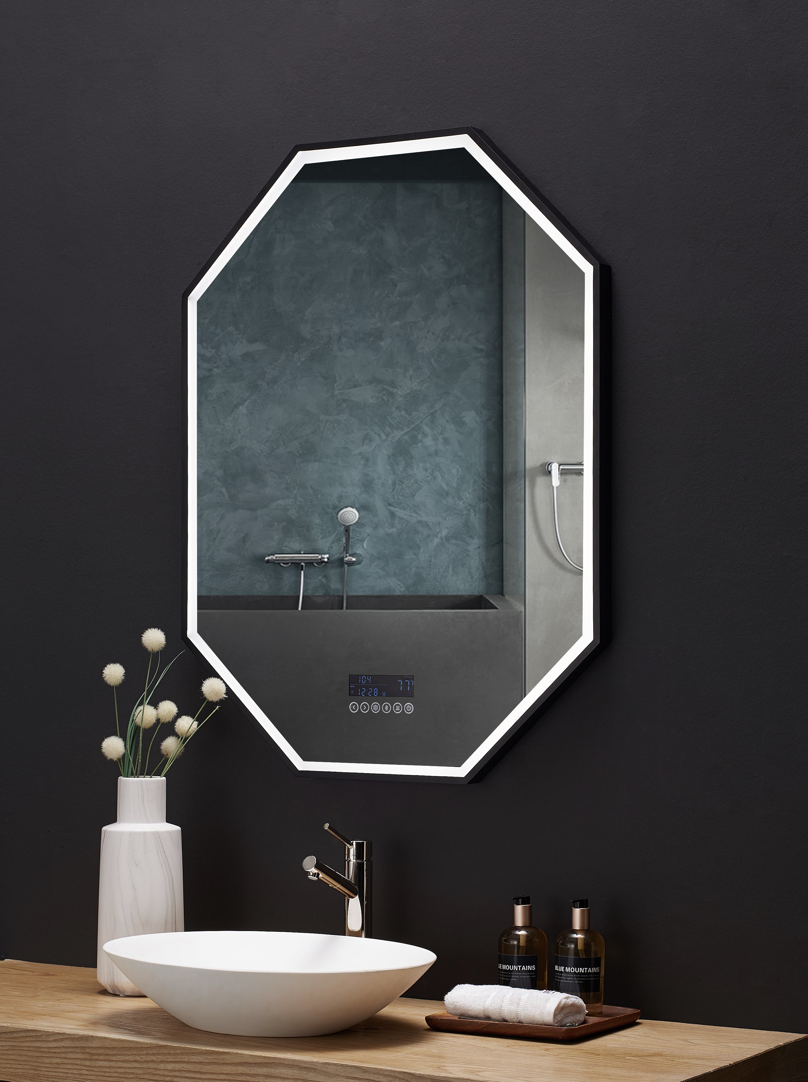 Otto LED Octagon Black Framed Lighted Bathroom Vanity Mirror with Blue ...